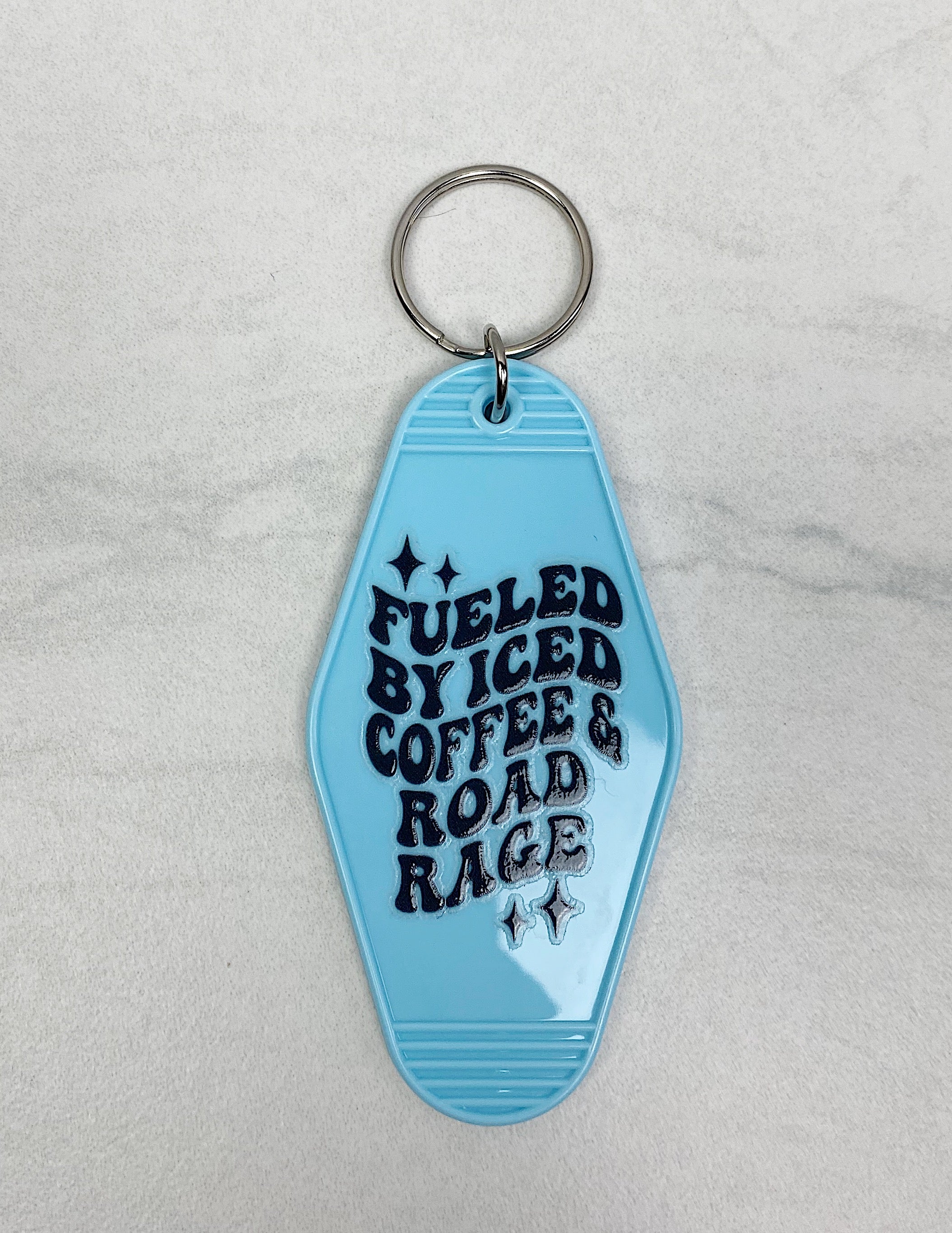 Fueled By Iced Coffee & Road Rage | Motel Keychain – Naughty Pine Designs
